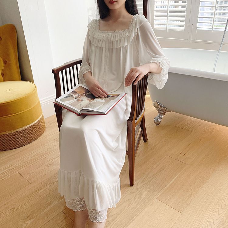 Jilliana Square-Neck Ruffled Long-Sleeve Maxi Sleep Dress | YesStyle