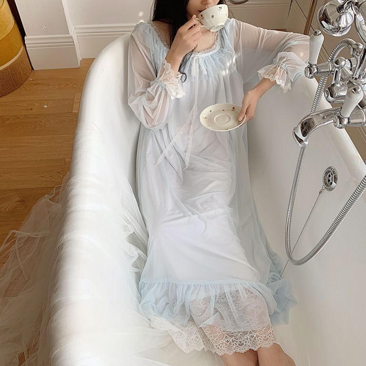 Jilliana Square-Neck Ruffled Long-Sleeve Maxi Sleep Dress | YesStyle