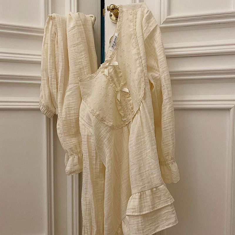 Meredith Pajama Set: Eyelet Trim 3/4-Sleeve Top + Lounge Pants | YesStyle