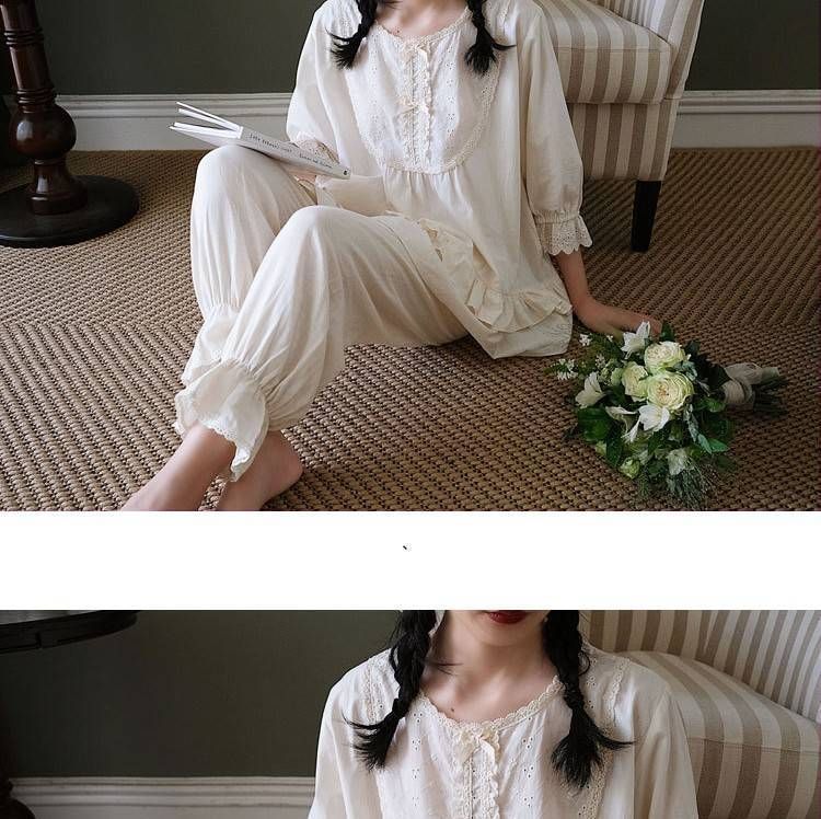 Meredith Pajama Set: Eyelet Trim 3/4-Sleeve Top + Lounge Pants | YesStyle