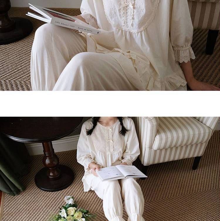 Meredith Pajama Set: Eyelet Trim 3/4-Sleeve Top + Lounge Pants | YesStyle