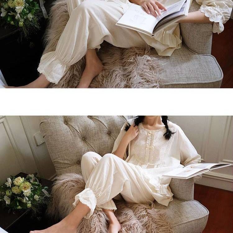 Meredith Pajama Set: Eyelet Trim 3/4-Sleeve Top + Lounge Pants | YesStyle