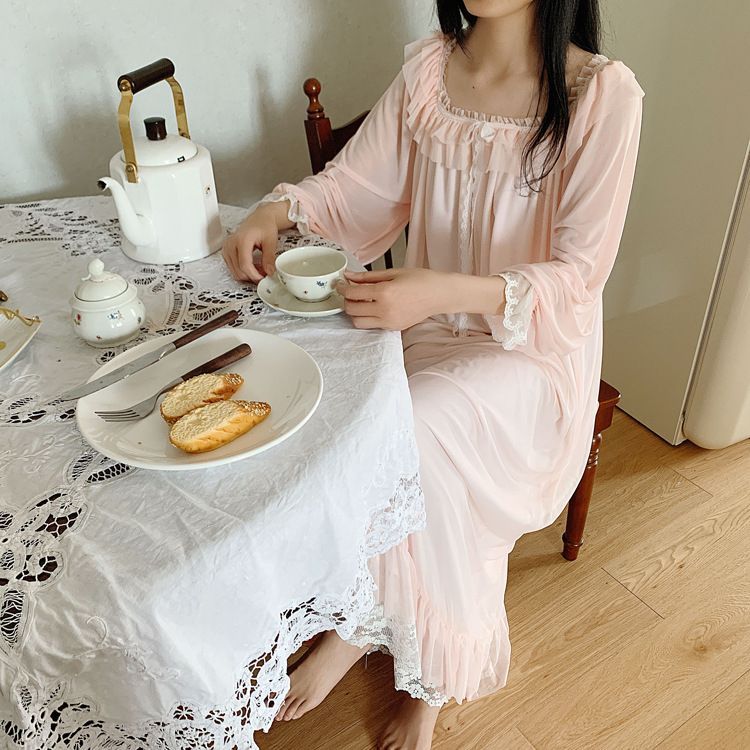 Jilliana Square-Neck Ruffled Long-Sleeve Maxi Sleep Dress | YesStyle