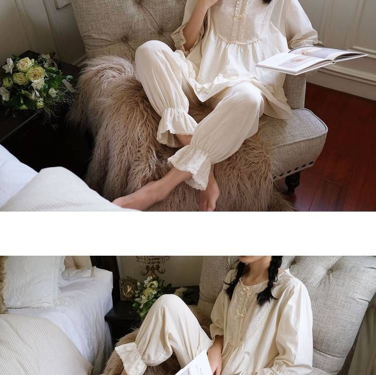 Meredith Pajama Set: Eyelet Trim 3/4-Sleeve Top + Lounge Pants | YesStyle
