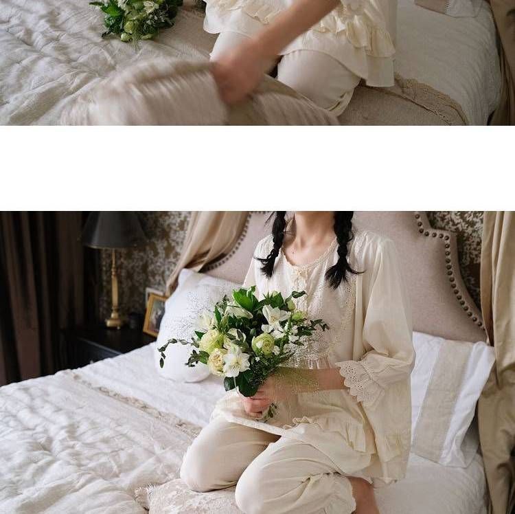 Meredith Pajama Set: Eyelet Trim 3/4-Sleeve Top + Lounge Pants | YesStyle