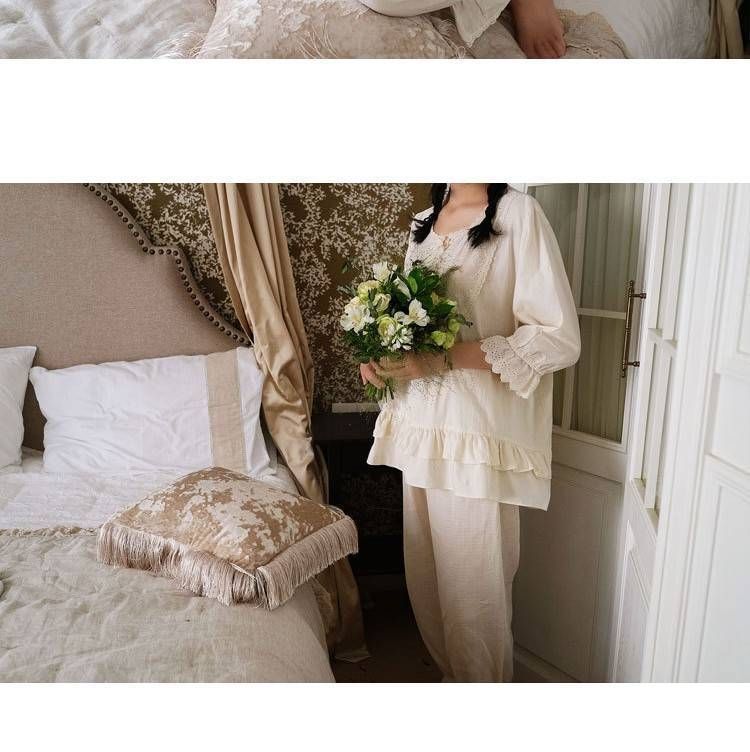 Meredith Pajama Set: Eyelet Trim 3/4-Sleeve Top + Lounge Pants | YesStyle