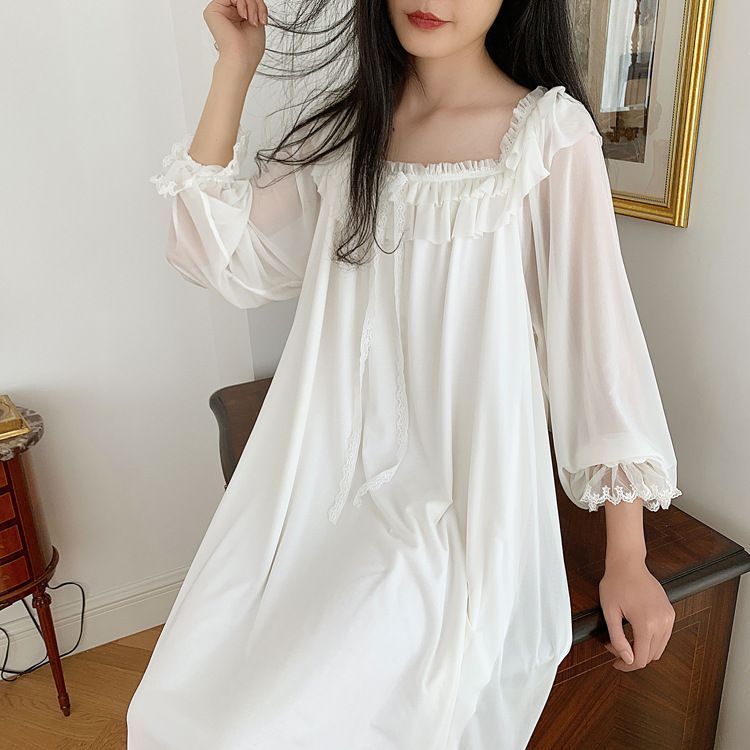 Jilliana Square-Neck Ruffled Long-Sleeve Maxi Sleep Dress | YesStyle