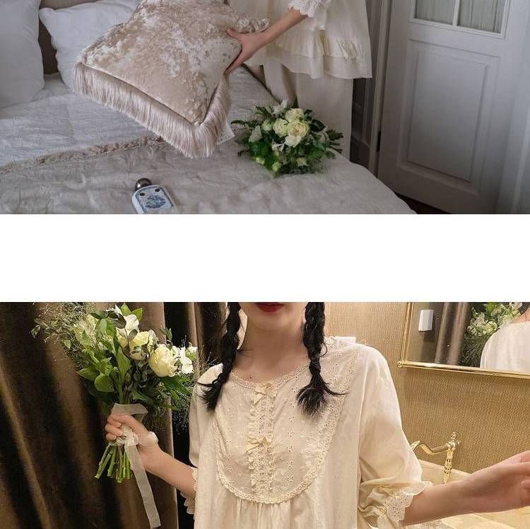 Meredith Pajama Set: Eyelet Trim 3/4-Sleeve Top + Lounge Pants | YesStyle