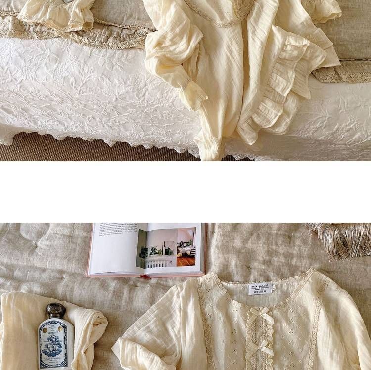 Meredith Pajama Set: Eyelet Trim 3/4-Sleeve Top + Lounge Pants | YesStyle