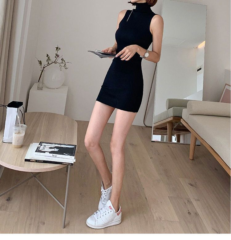 Shacos Sleeveless Turtleneck Ribbed Knit Mini Sheath Dress | YesStyle