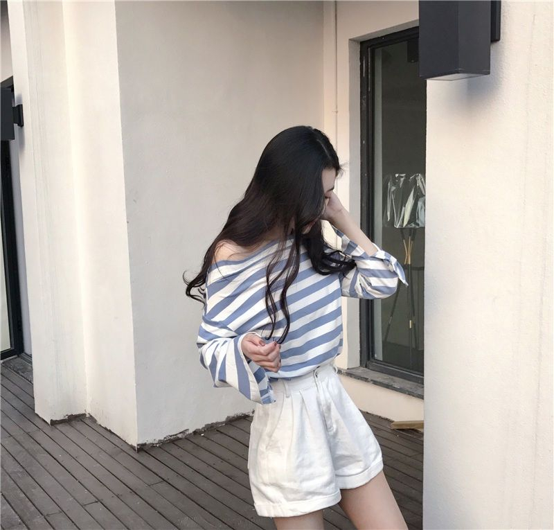 Jumun Off-Shoulder Long-Sleeve Striped T-Shirt | YesStyle