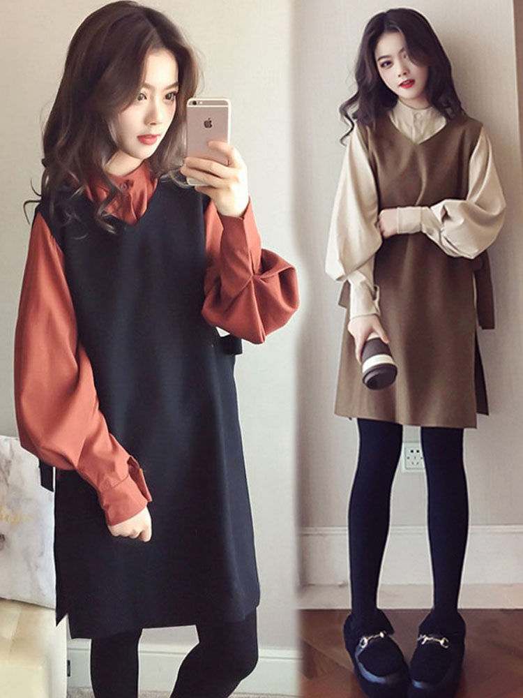 Shimi Set: Bishop-Sleeve Shirt + Sleeveless Side-Tie Mini Dress | YesStyle