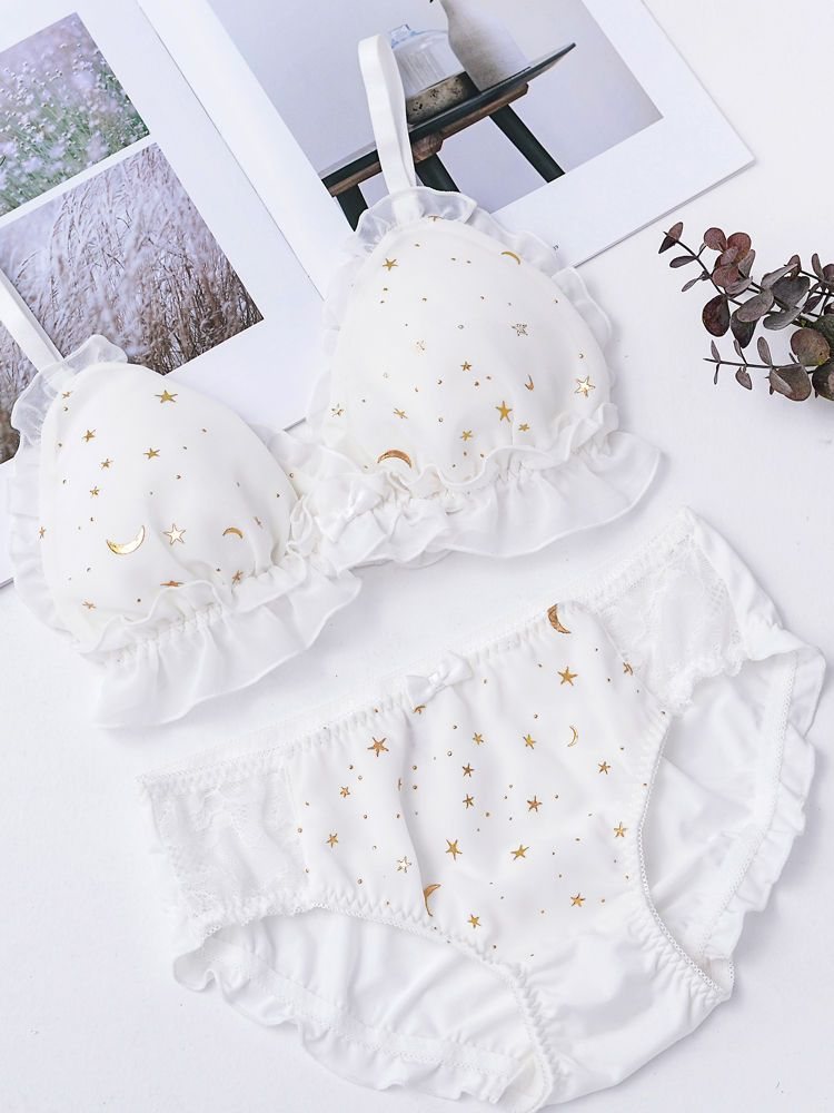 Mimimint Set: Frill Trim Patterned Bra + Lace Paneled Panty | YesStyle