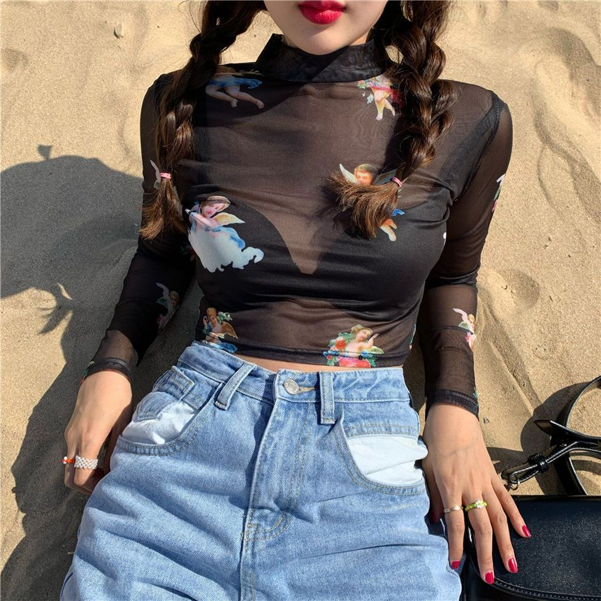 Zepto Long-Sleeve Angels Print Mesh Crop Top | YesStyle