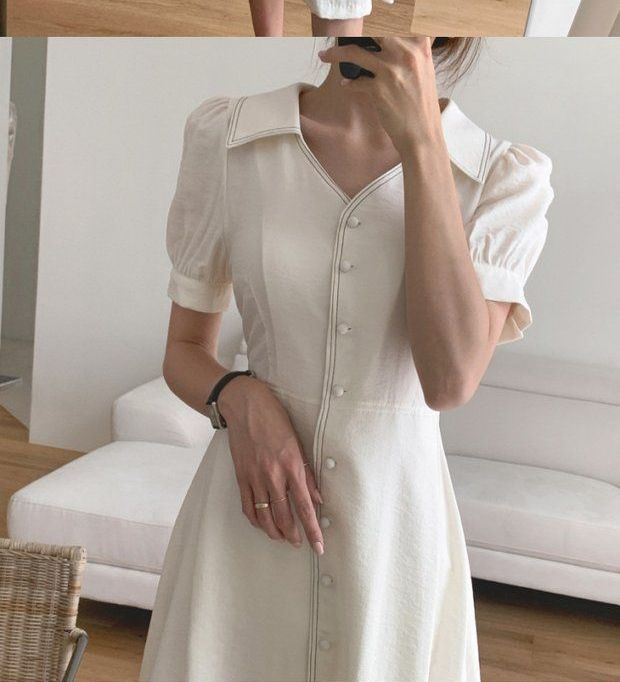 minaga Collared Short-Sleeve Midi A-Line Dress | YesStyle