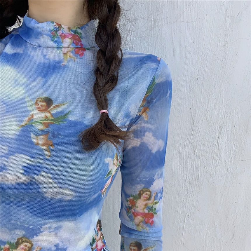 Zepto Long-Sleeve Angels Print Mesh Crop Top | YesStyle