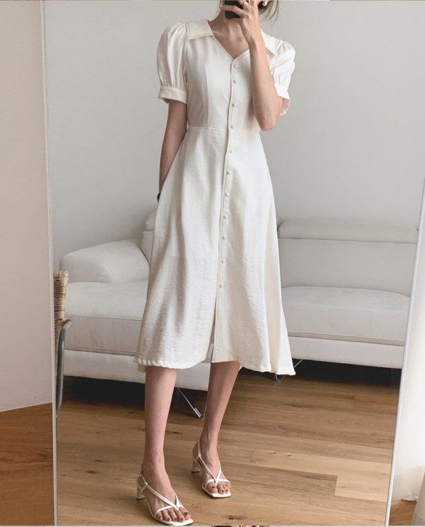 minaga Collared Short-Sleeve Midi A-Line Dress | YesStyle