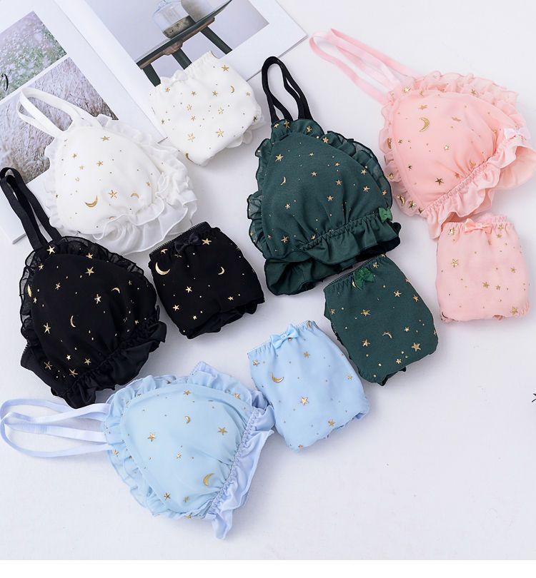 Mimimint Set: Frill Trim Patterned Bra + Lace Paneled Panty | YesStyle