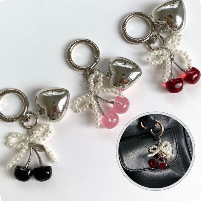 carabina - Cherry Resin Beaded Bow Heart Alloy Bag Charm Keyring | YesStyle