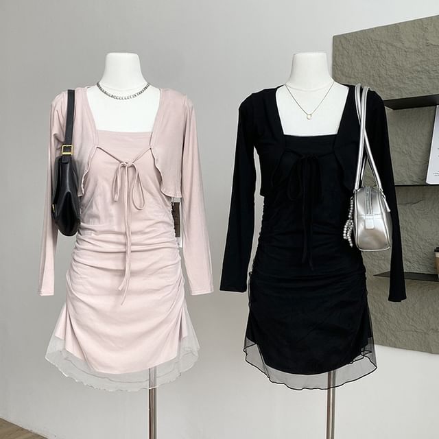 DIYI - Set: Spaghetti Strap Bow Ruched Bodycon Dress + Cropped Tie ...