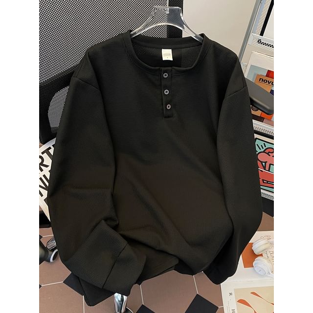 Fushet - Long Sleeve Henley Neck Plain Oversized T-Shirt | YesStyle