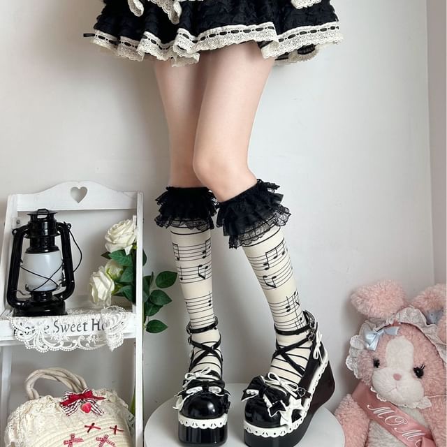 GOGO Girl - Ruffle Music Score Print Socks | YesStyle