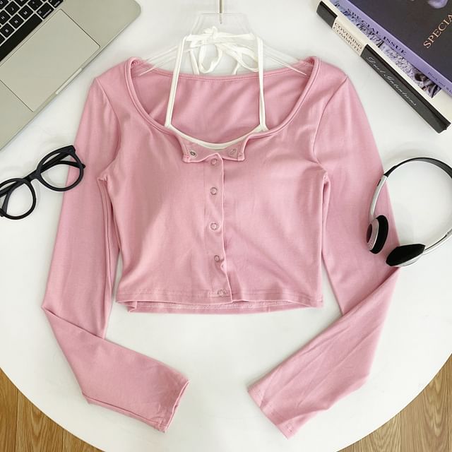 Iasia - Long Sleeve Halter Mock Two Piece Button Crop Top | YesStyle