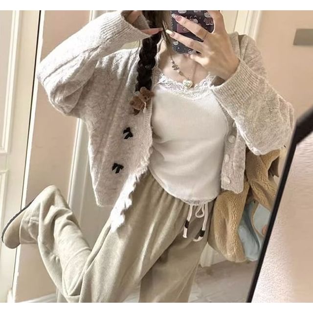JOWI - V-Neck Plain Bow Detail Cardigan | YesStyle