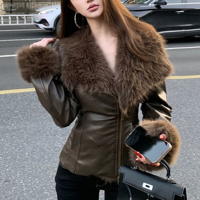 KUMI - Wide Collar Fleece-Lined Zip-Up Faux Leather Jacket | YesStyle