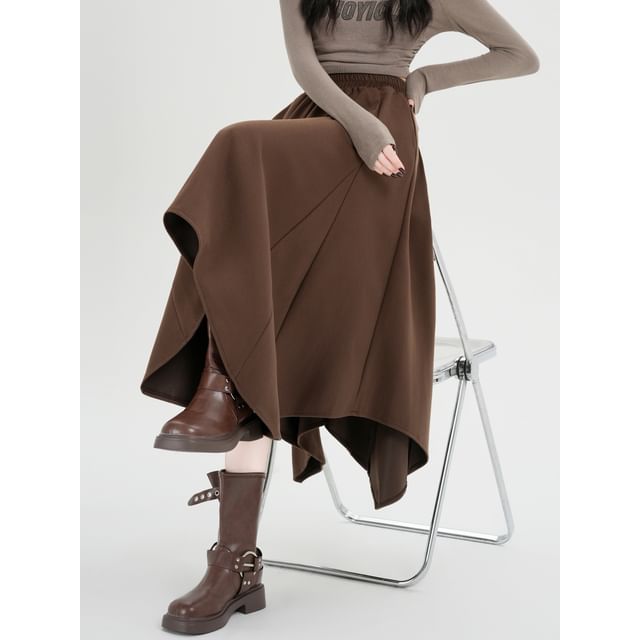 Magimomo - High Waist Plain Asymmetrical Midi A-Line Skirt | YesStyle