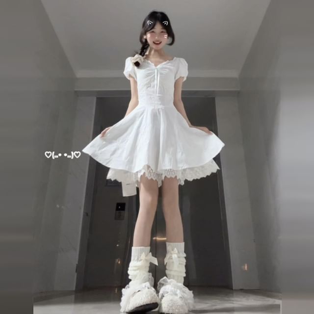 minaga - Puff-Sleeve V-Neck Plain Lace Panel Layered Mini A-Line Dress ...