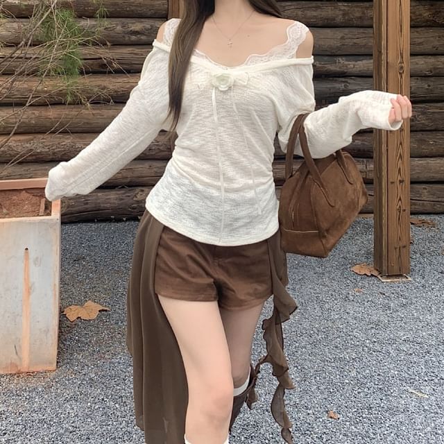 Moon City - Long-Sleeve Lace Crop Top / Hot Pants | YesStyle
