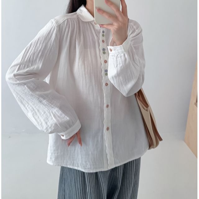 Mori Girls - Long-Sleeve Collared Lace Trim Button-Up Blouse | YesStyle