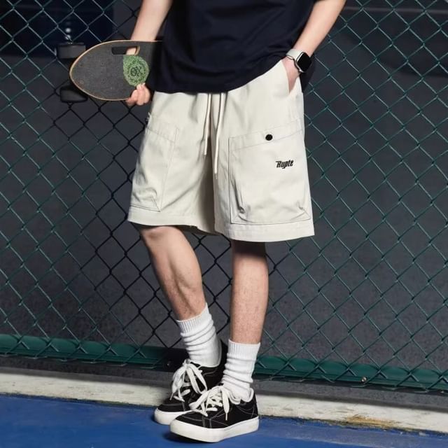 Neonity Wear - Drawstring Waist Lettering Embroidered Wide Leg Cargo ...