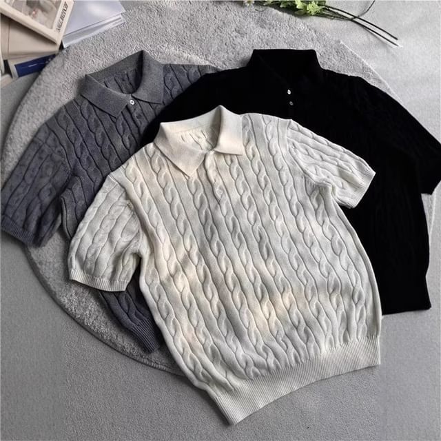 Neonity Wear - Elbow-Sleeve Plain Cable Knit Polo Shirt | YesStyle