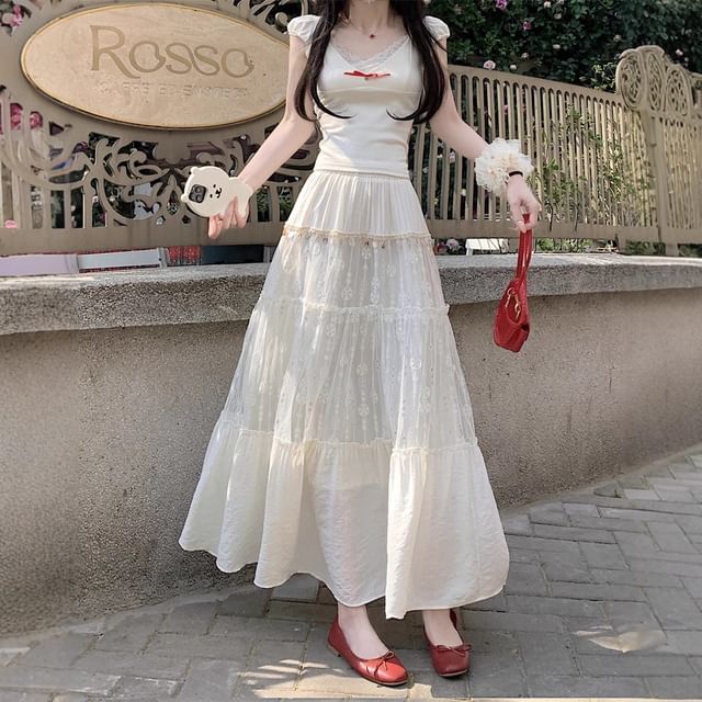 OUREA - High Rise Lace Panel Frill Trim Fringed Maxi A-Line Skirt ...
