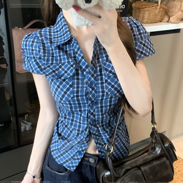Puffie - Short-Sleeve V-Neck Collared Ruched Button-Up Crop Blouse ...