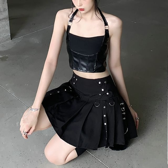 RONIN - Halter Neck Plain Crop Bustier Top / High Rise Plain Mini ...