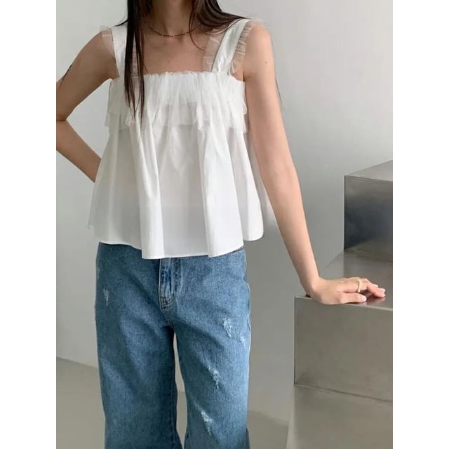 Seoulchic - Square-Neck Plain Mesh Panel Tank Top | YesStyle