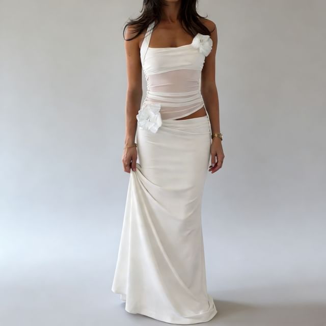 Sosana - Halter Plain Floral Applique Cutout Ruched Maxi Sheath Dress ...