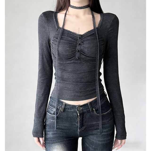 Sosana - Long Sleeve Square Neck Lace-Trim Ruched Slim-Fit Crop Top ...