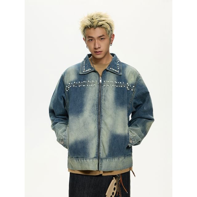 Trimecca - Collared Faux Pearl Accent Washed Zip-Up Denim Jacket | YesStyle