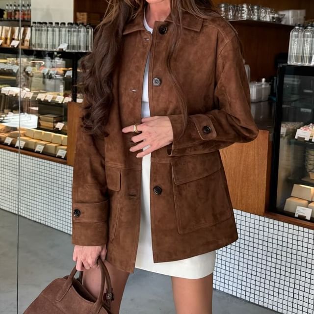 Trisica - Collared Faux Suede Button-Up Jacket | YesStyle